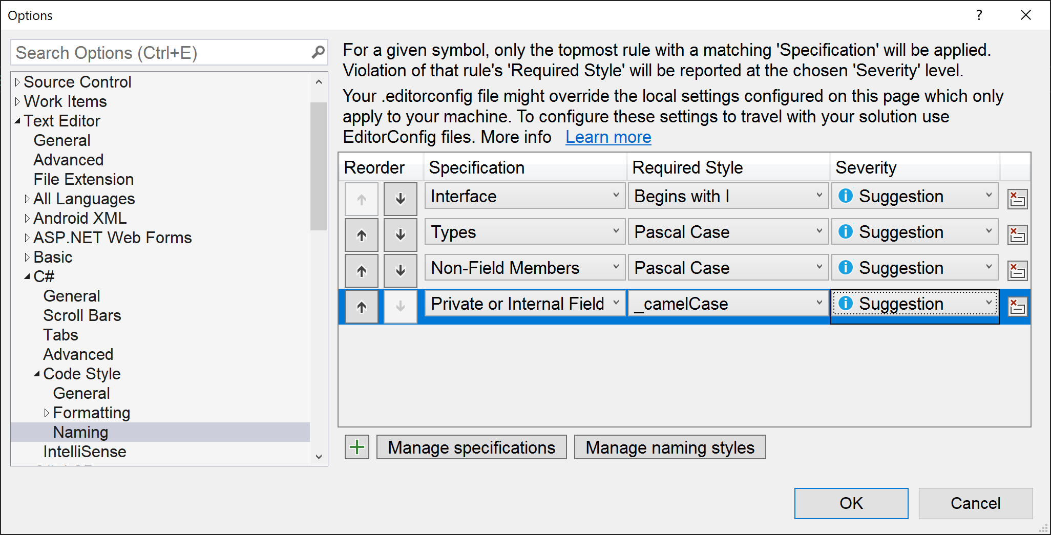 Configure Naming Styles and Rules in Visual Studio and also at the ...